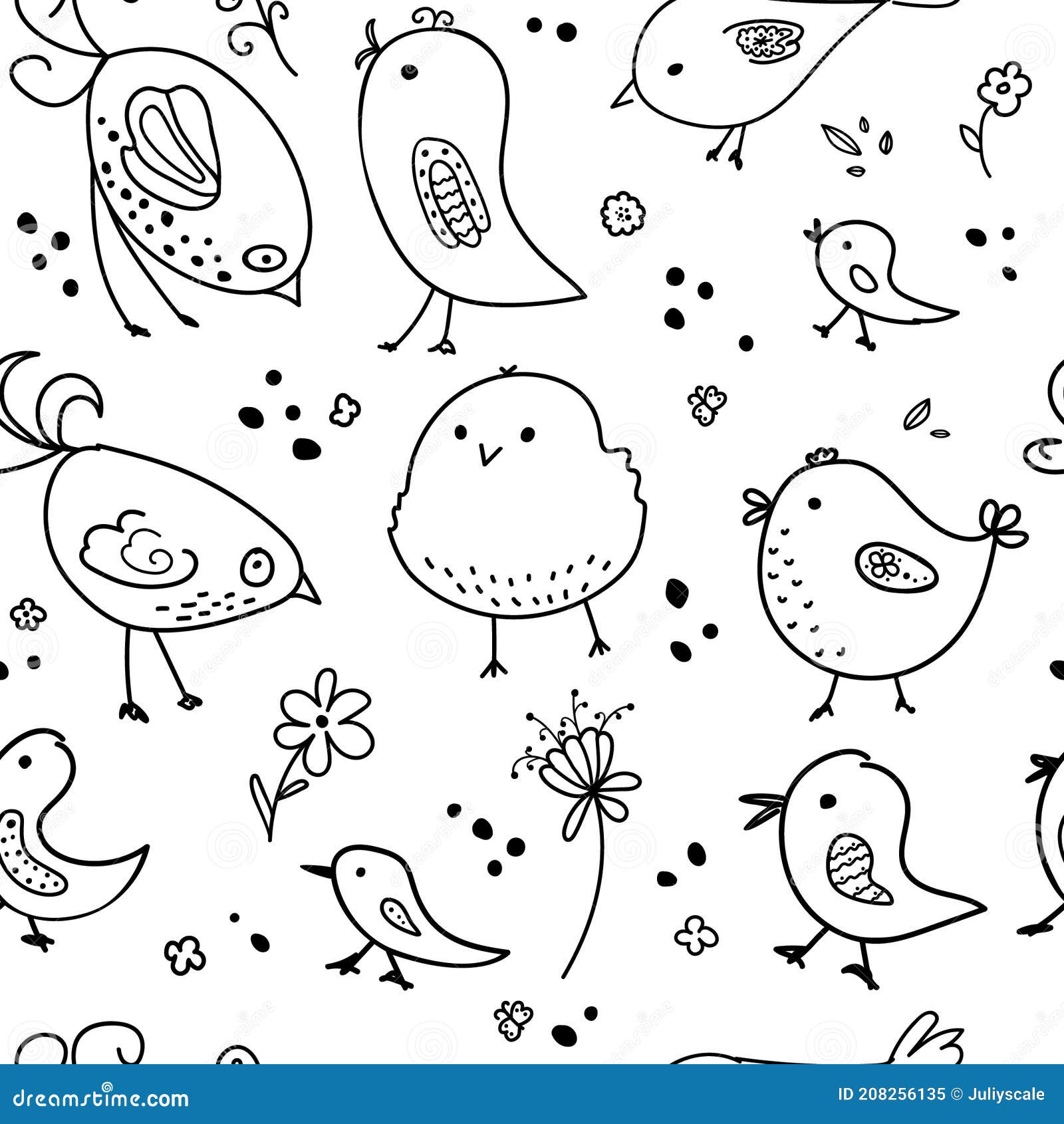 Colorful Doodle Bird Seamless Pattern. Vector Illustration Stock Vector ...