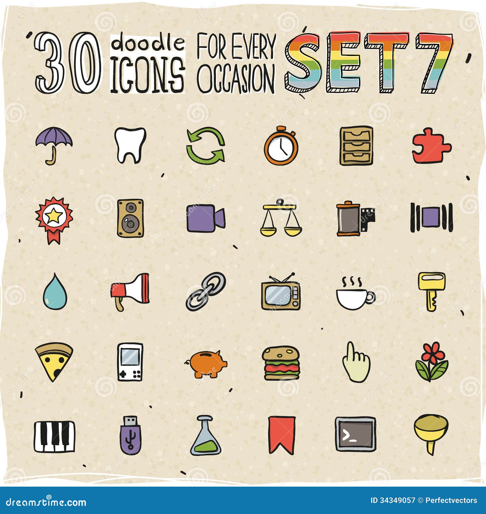 30 Colorful Doodle Icons Set 7 Stock Vector - Illustration of ...