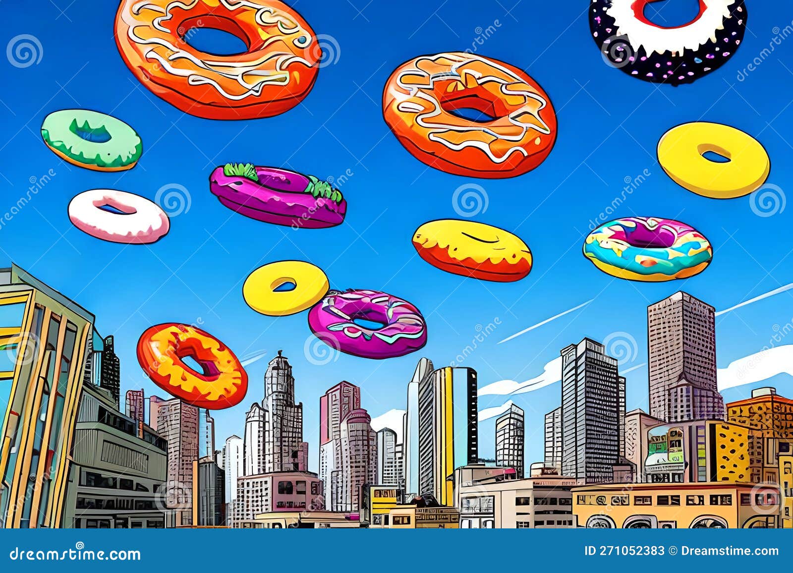 Colorful Doughnuts Flying Over the City Stock Illustration ...