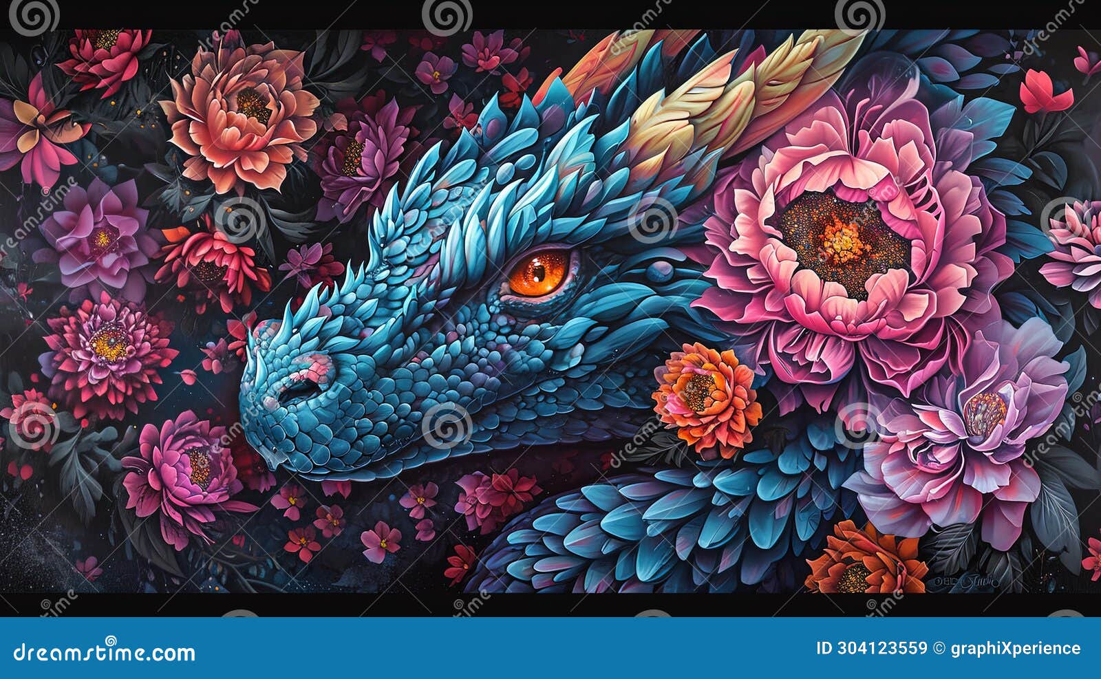Colorful Dragon in Flowers stock illustration. Illustration of spring ...
