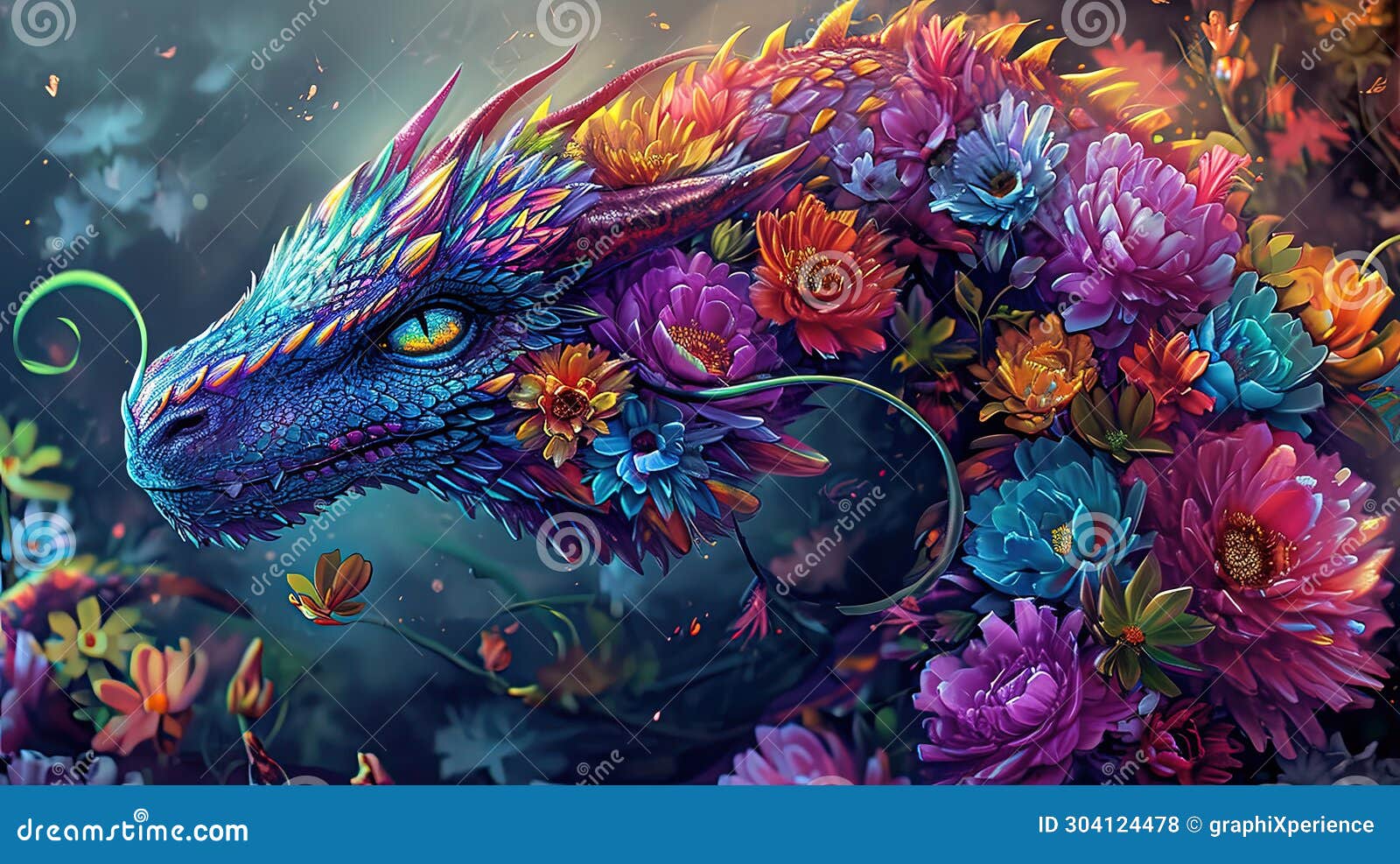 Colorful Dragon in Flowers stock illustration. Illustration of pink ...