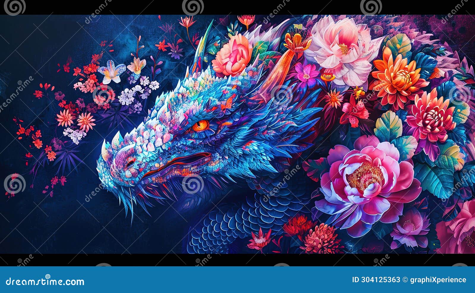 Colorful Dragon in Flowers stock illustration. Illustration of gerbera ...