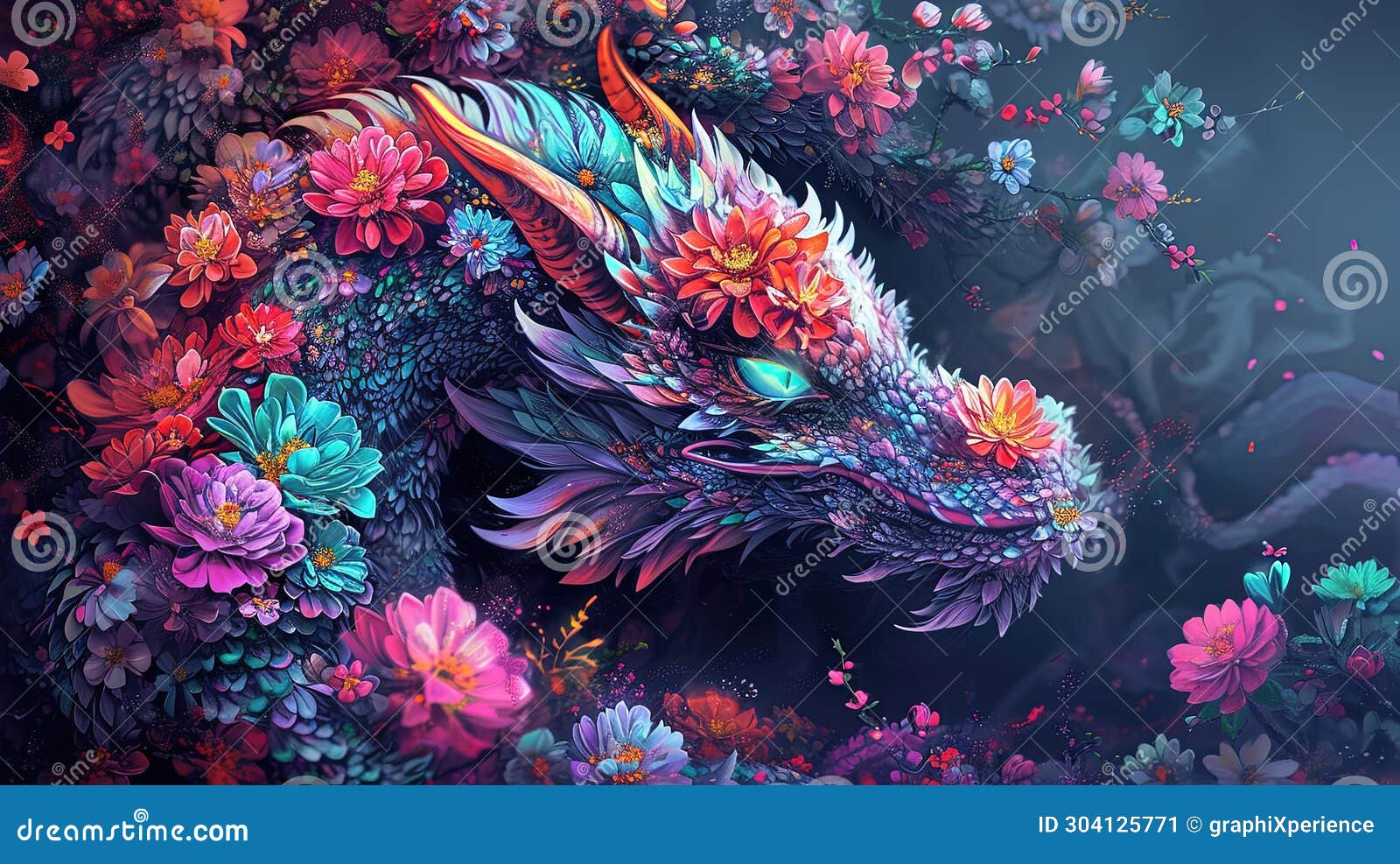 Colorful Dragon in Flowers stock illustration. Illustration of nature ...