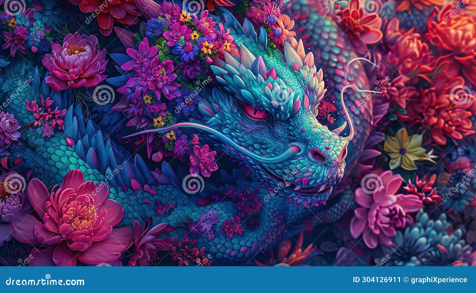 Colorful Dragon in Flowers stock illustration. Illustration of vivid ...