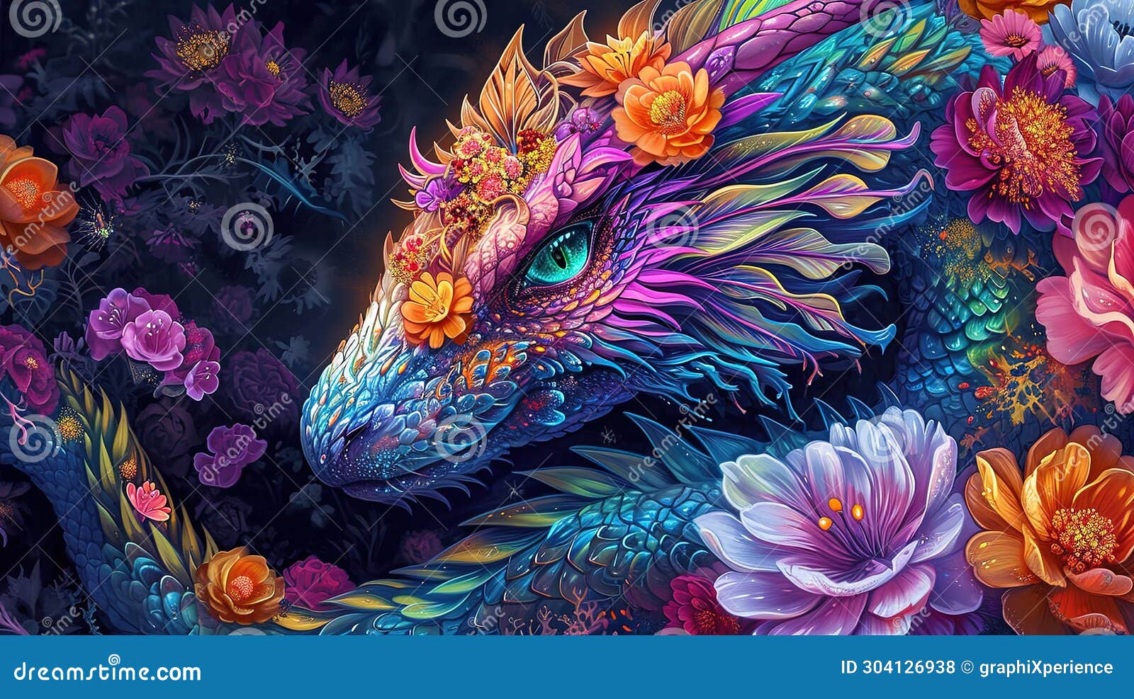Colorful Dragon in Flowers stock illustration. Illustration of spring ...