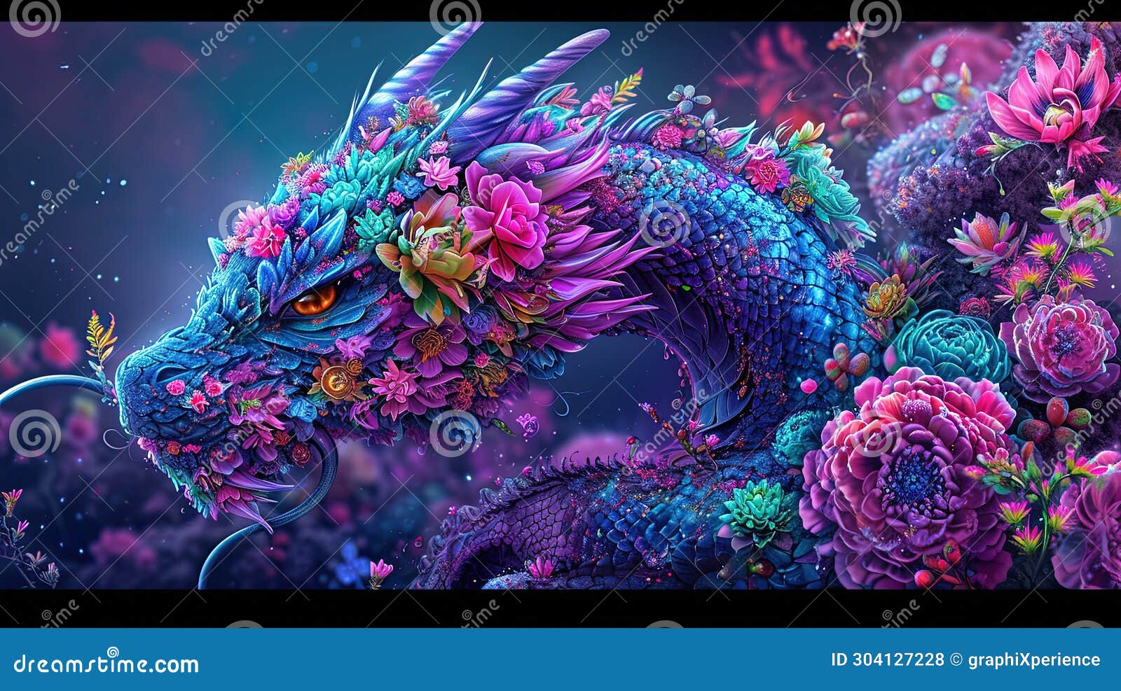 Colorful Dragon in Flowers stock illustration. Illustration of bloom ...