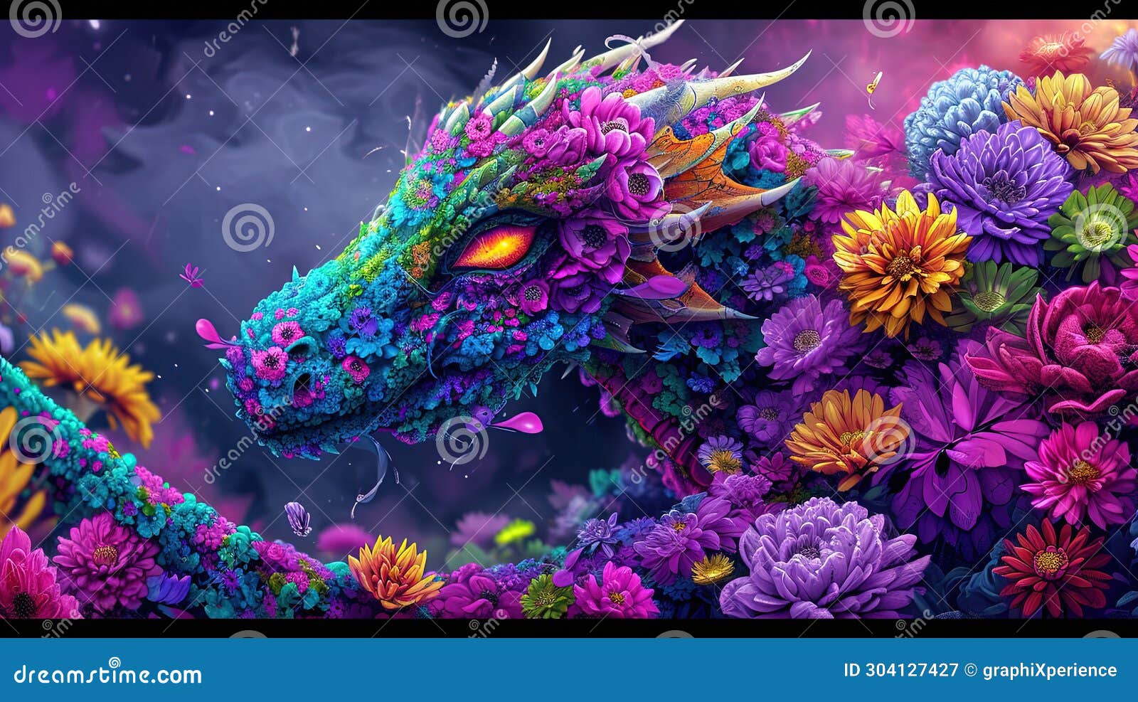 Colorful Dragon in Flowers stock illustration. Illustration of nature ...