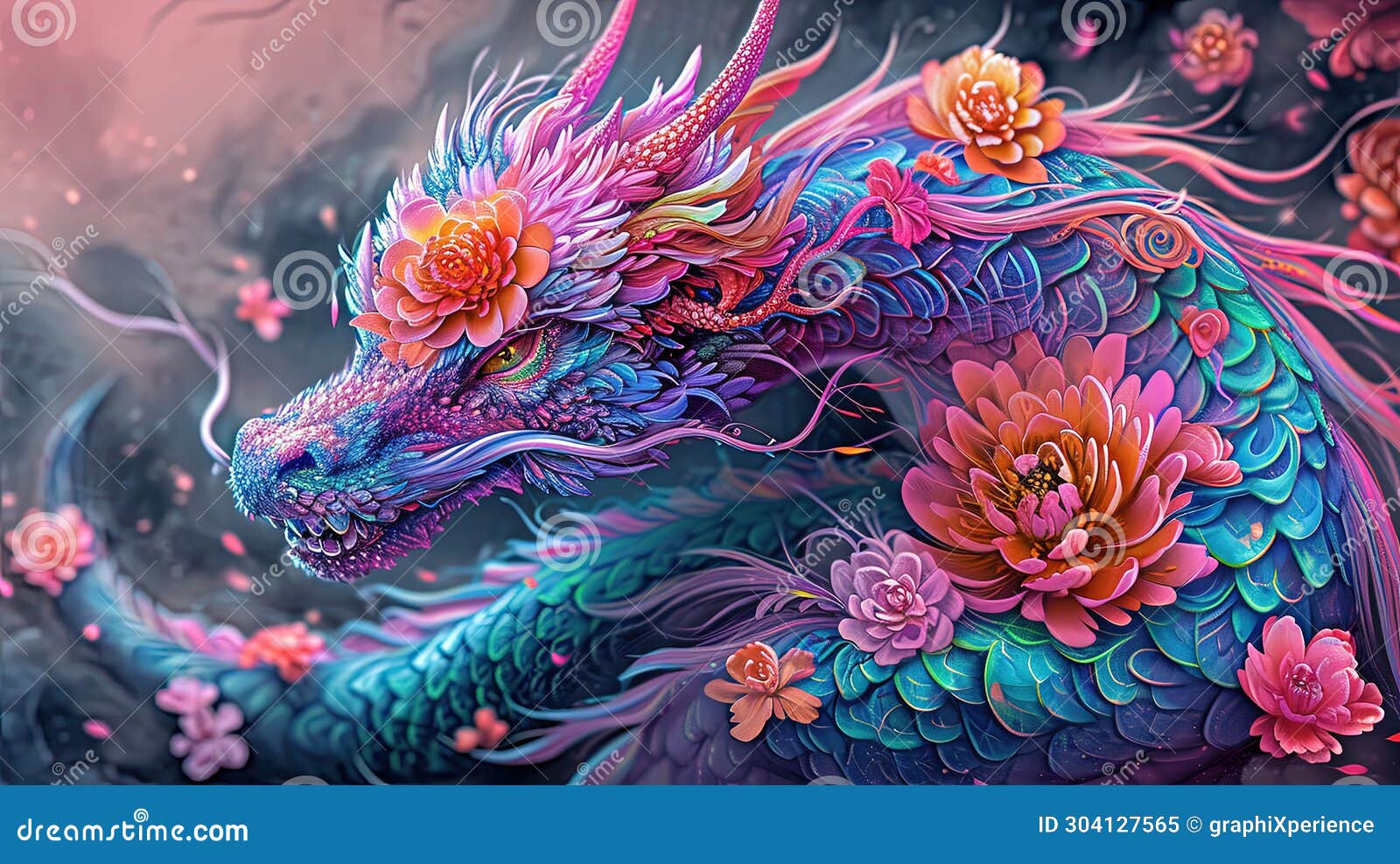 Colorful Dragon in Flowers stock illustration. Illustration of dragon ...