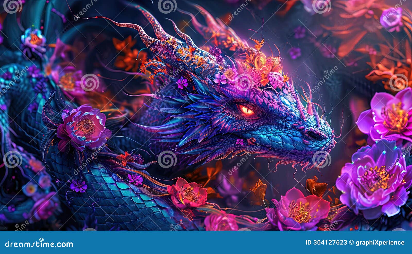 Colorful Dragon in Flowers stock illustration. Illustration of ...