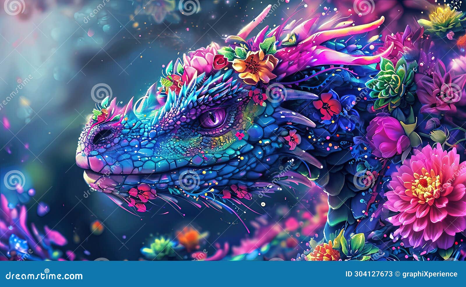 Colorful Dragon in Flowers stock illustration. Illustration of colorful ...