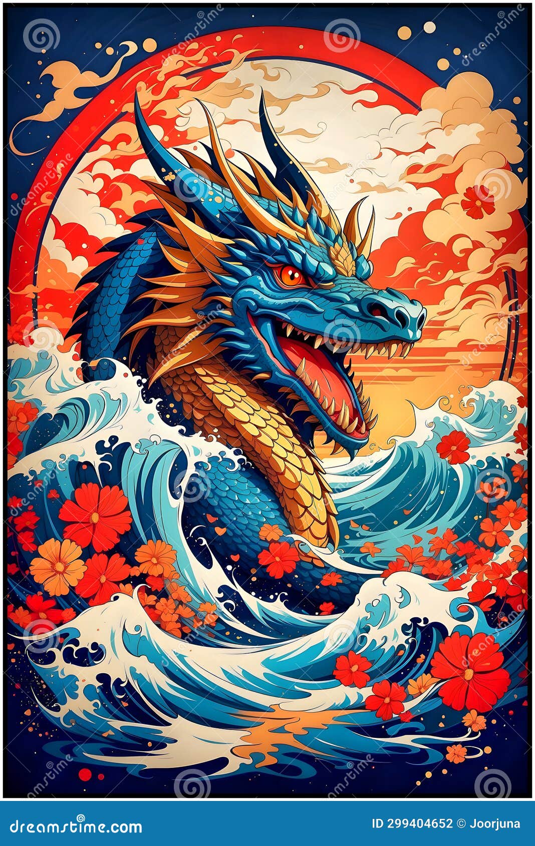 Colorful Dragon between Waves and Fire Stock Illustration ...