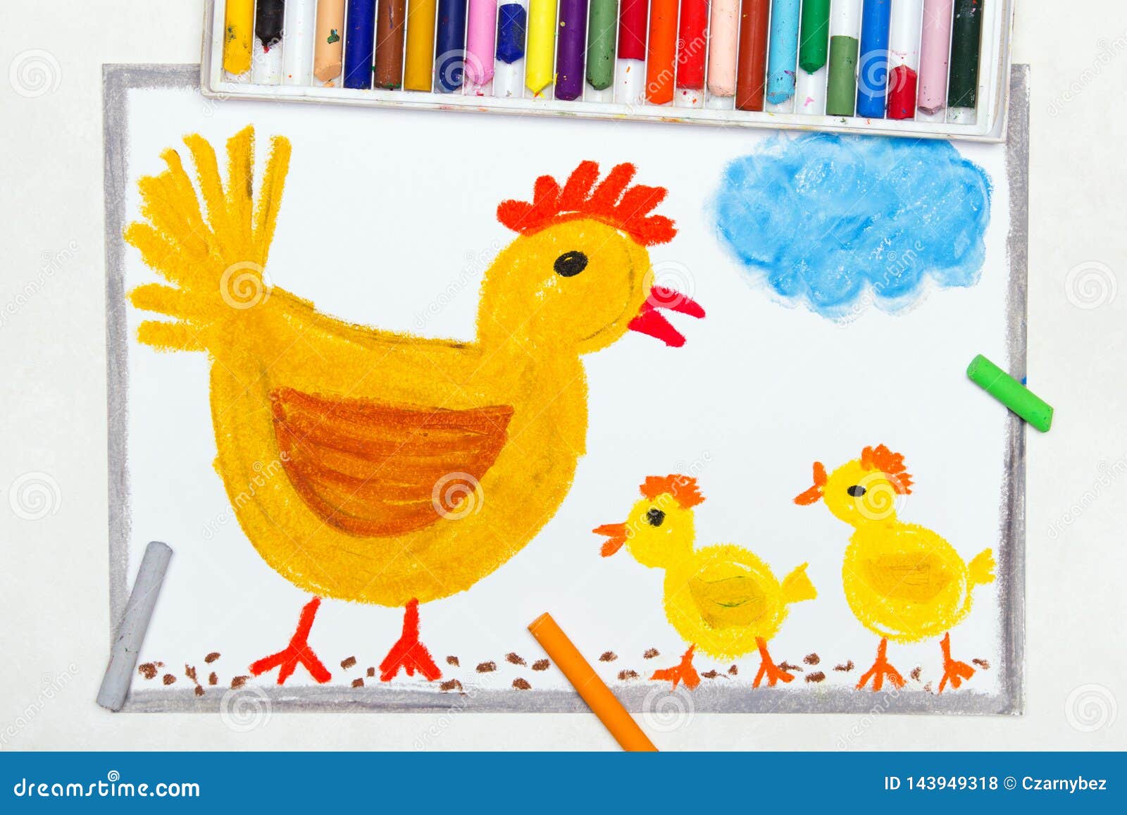 Drawing: Brooding Hen And Three Little Chickens Stock Photo ...