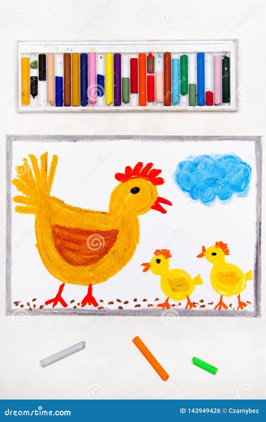 Drawing: Brooding Hen And Three Little Chickens Stock Photo ...