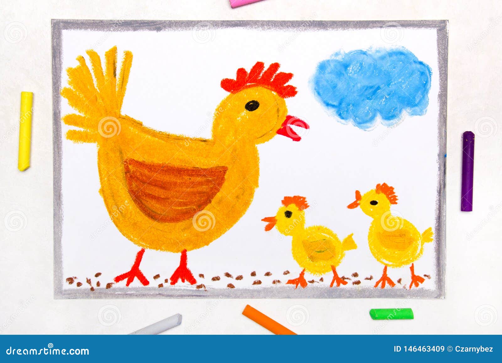 Drawing: Brooding Hen And Three Little Chickens Stock Photo ...