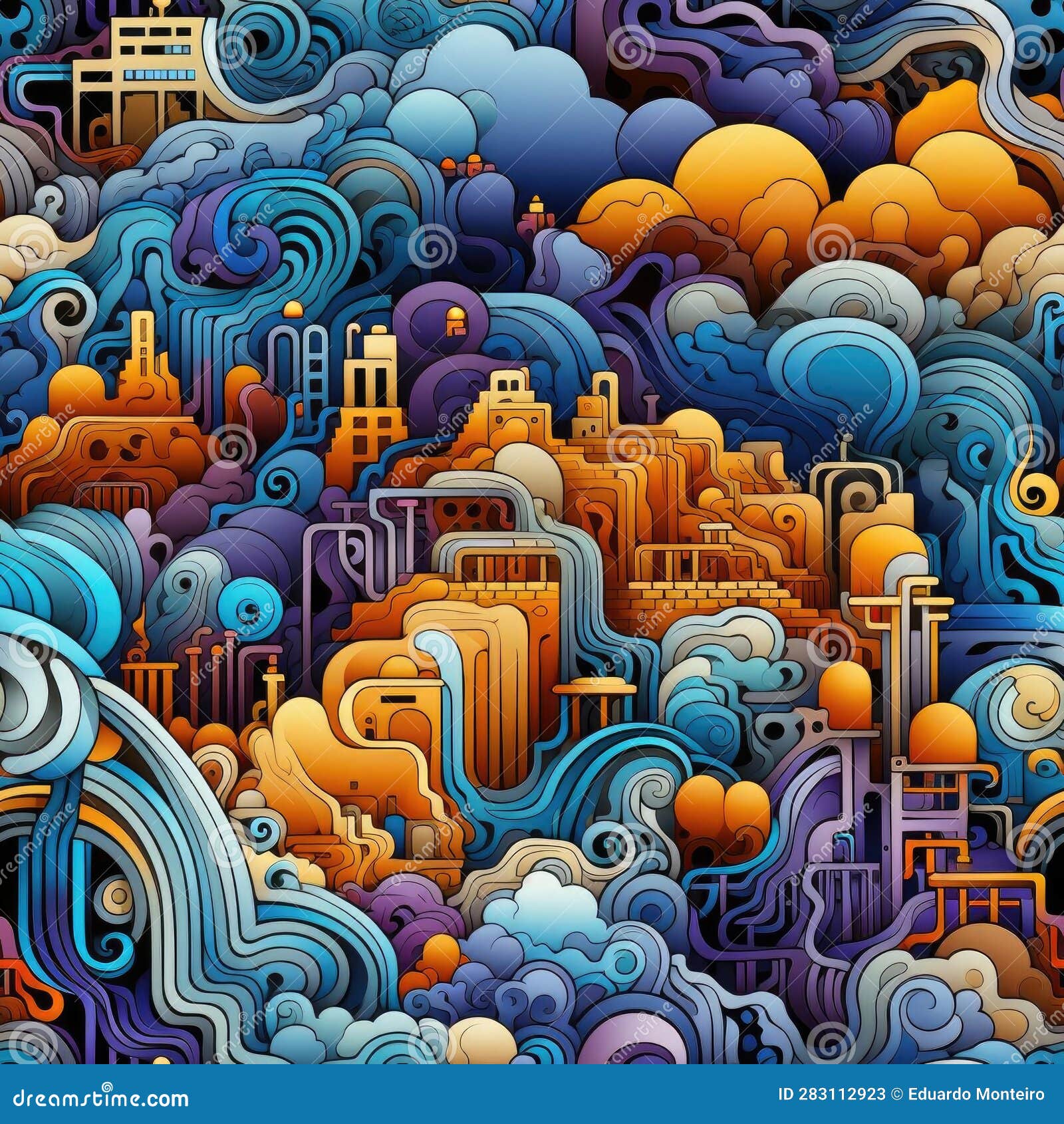 Colorful Drawing of Clouds in a City with Intricate Psychedelic ...