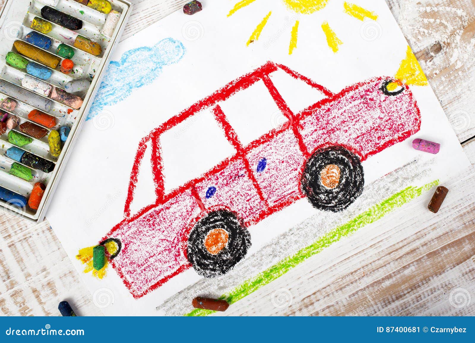 Colorful drawing : red car stock image. Image of trip - 87400681