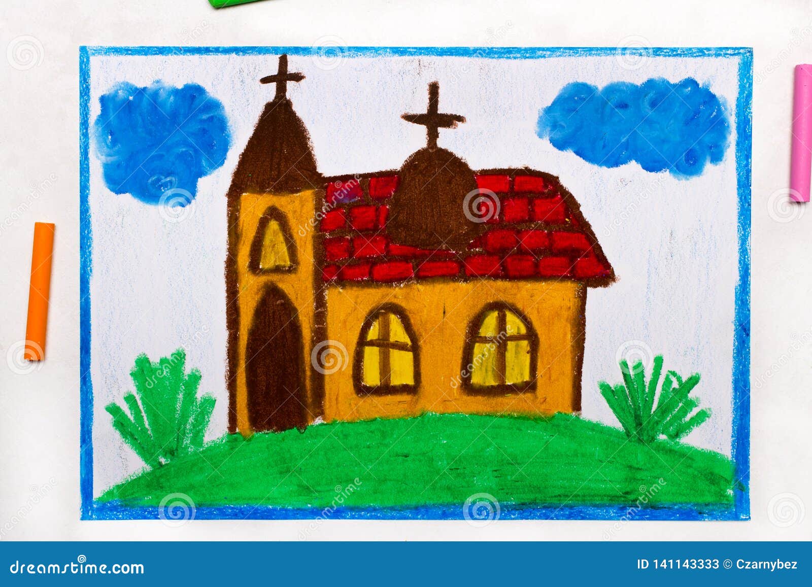 Drawing: a Small Church with a Tower on the Hill Stock Illustration ...