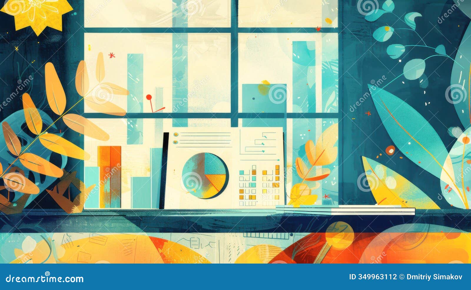 A Colorful Drawing of a Window with a Pie Chart on a Table Stock ...
