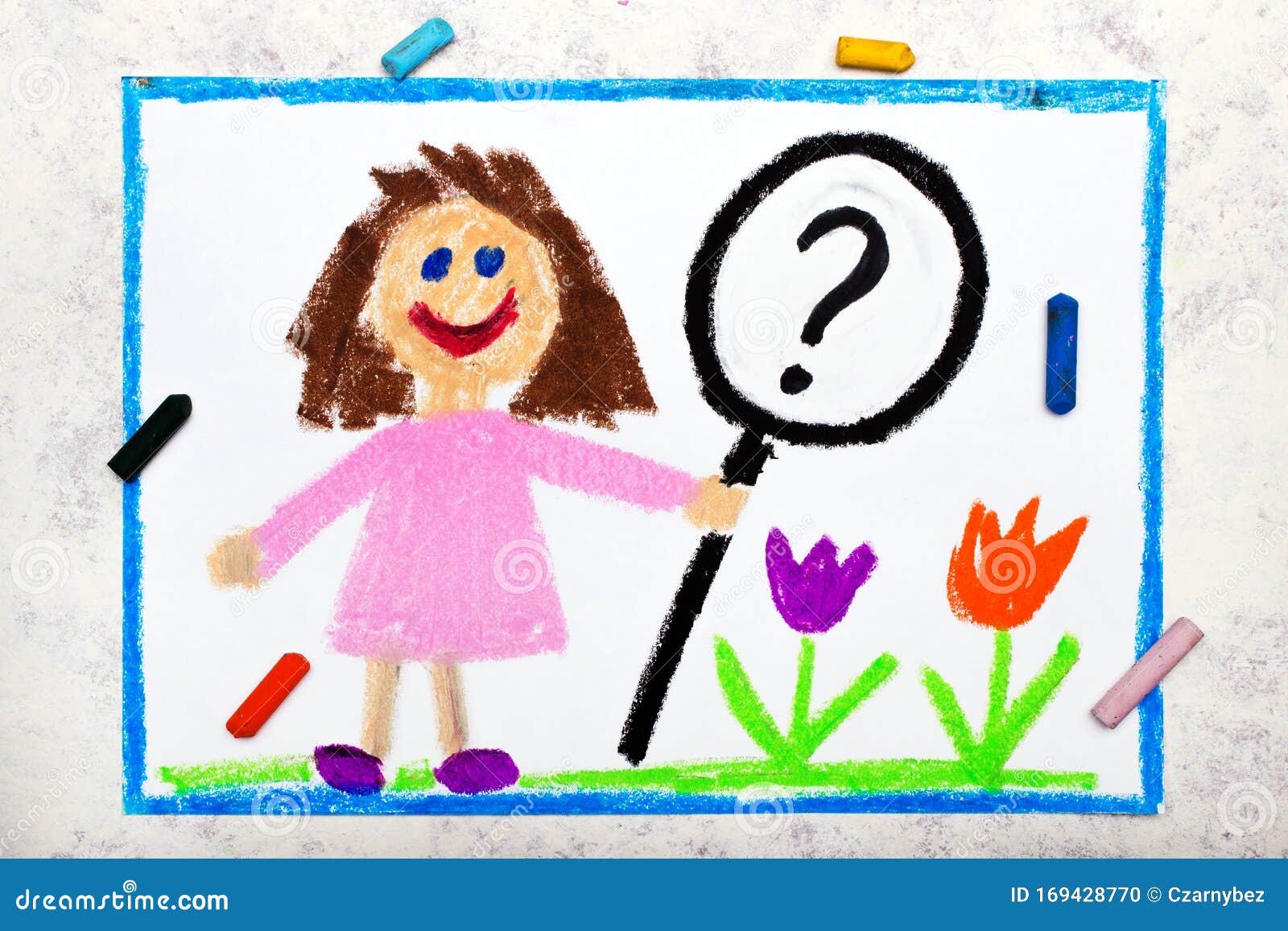 Colorful Drawing: Young Smiling Girl Holding a Question Mark. Stock ...