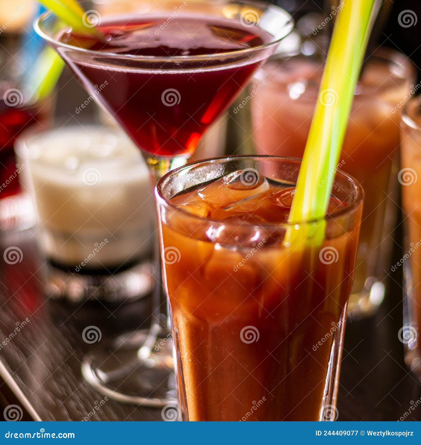 Colorful Drinks on Wooden Bar Table Stock Image - Image of background ...