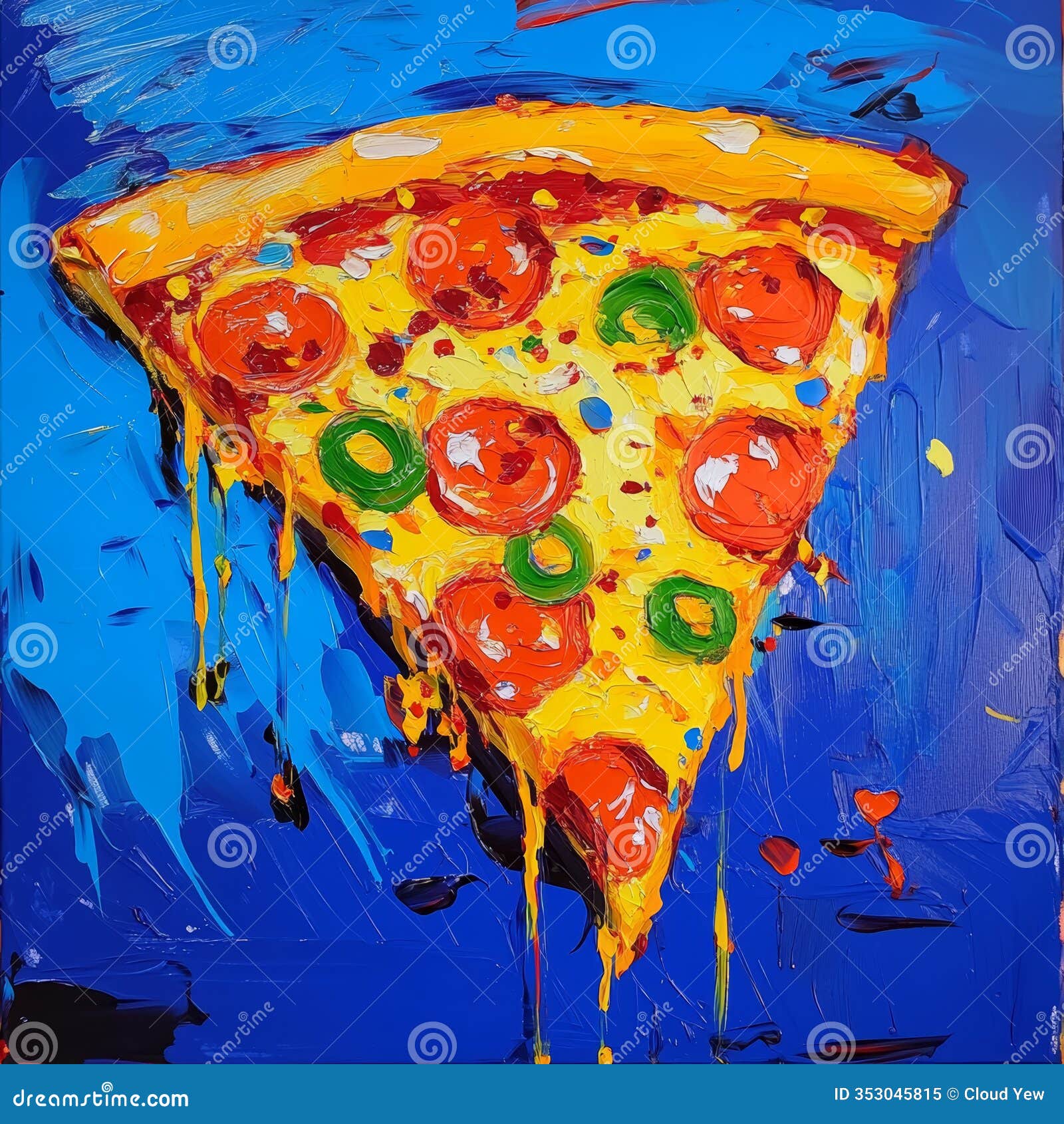 Colorful and Dripping Slice of Pepperoni Pizza on Bright Blue ...