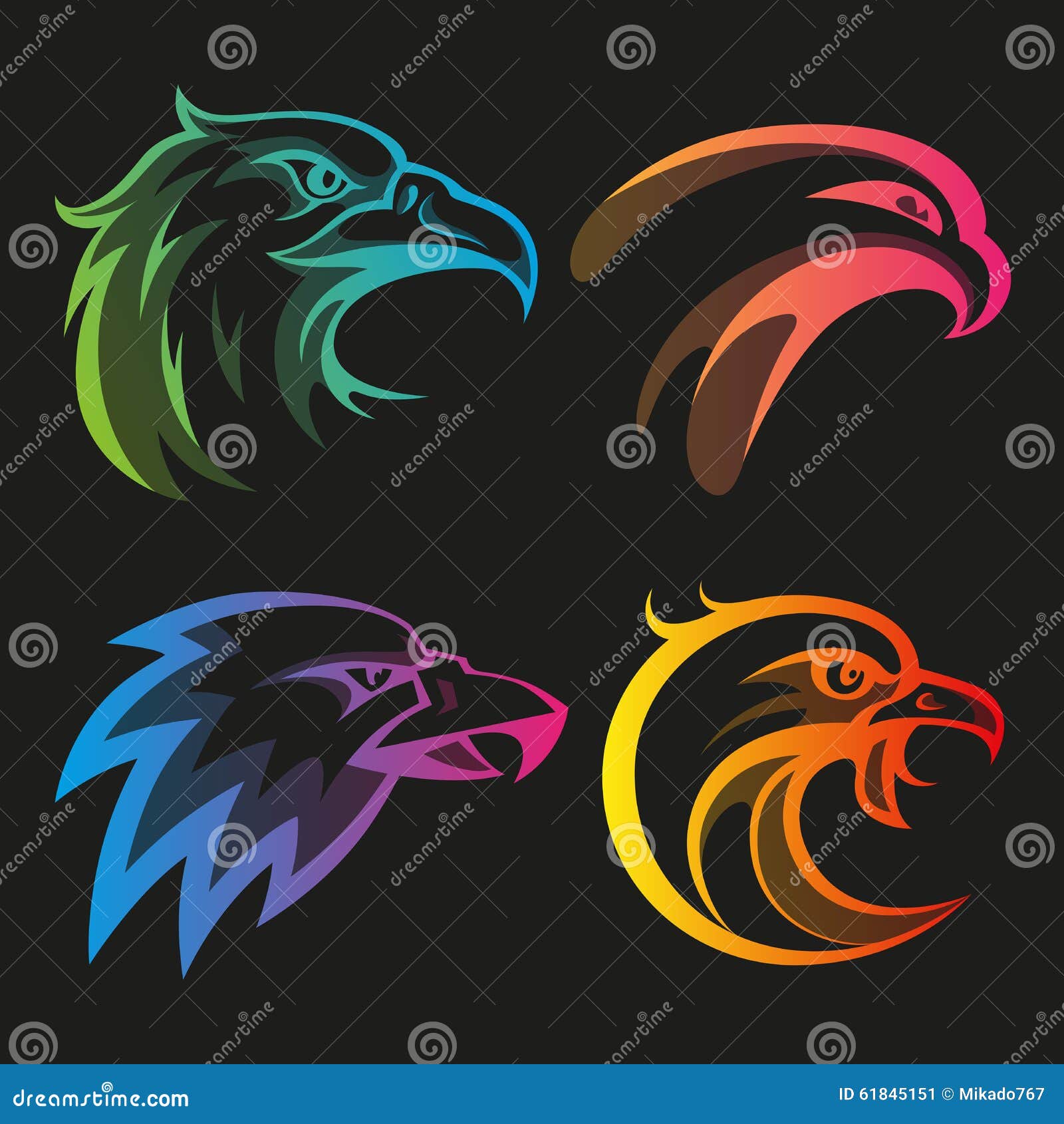 Colorful Eagle Head Logos With Rainbow Gradients Cartoon Vector ...