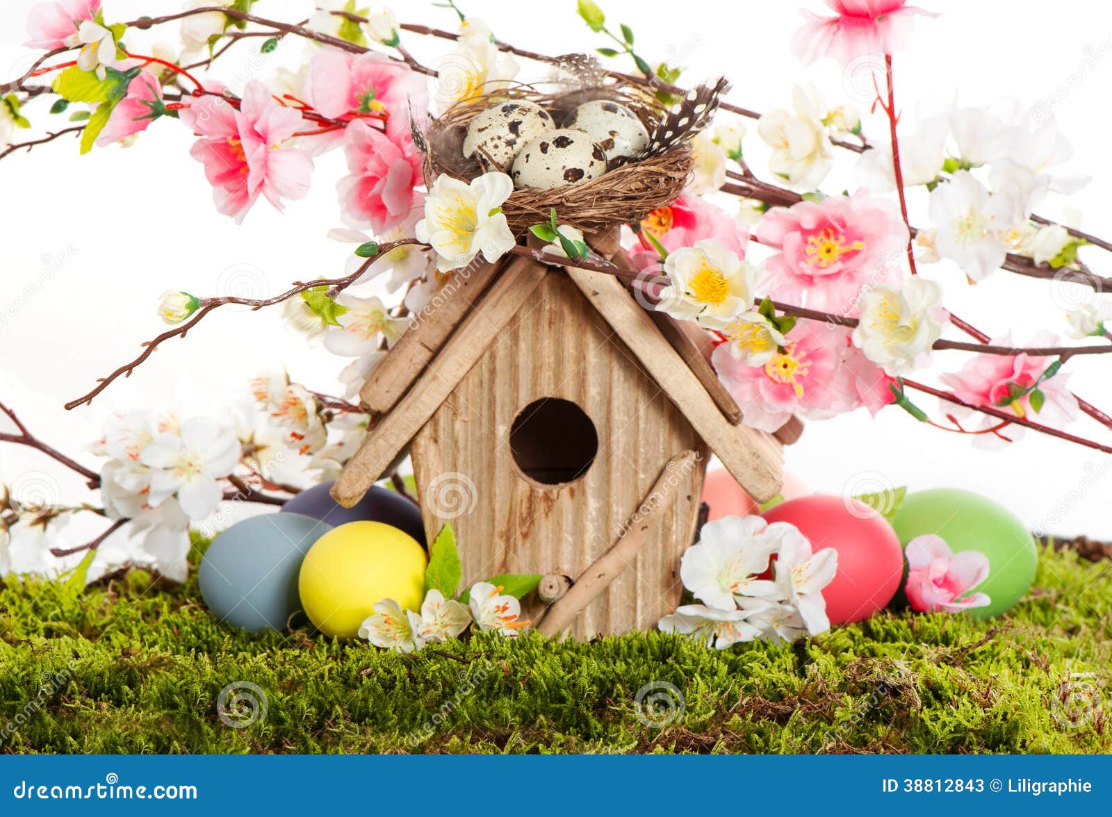 Colorful Easter Decoration with Birdhouse and Eggs Stock Image - Image ...