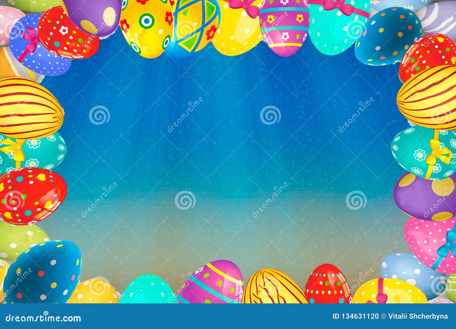 Colorful Easter Egg Frame Edge Border Against a Blue Background. Space ...