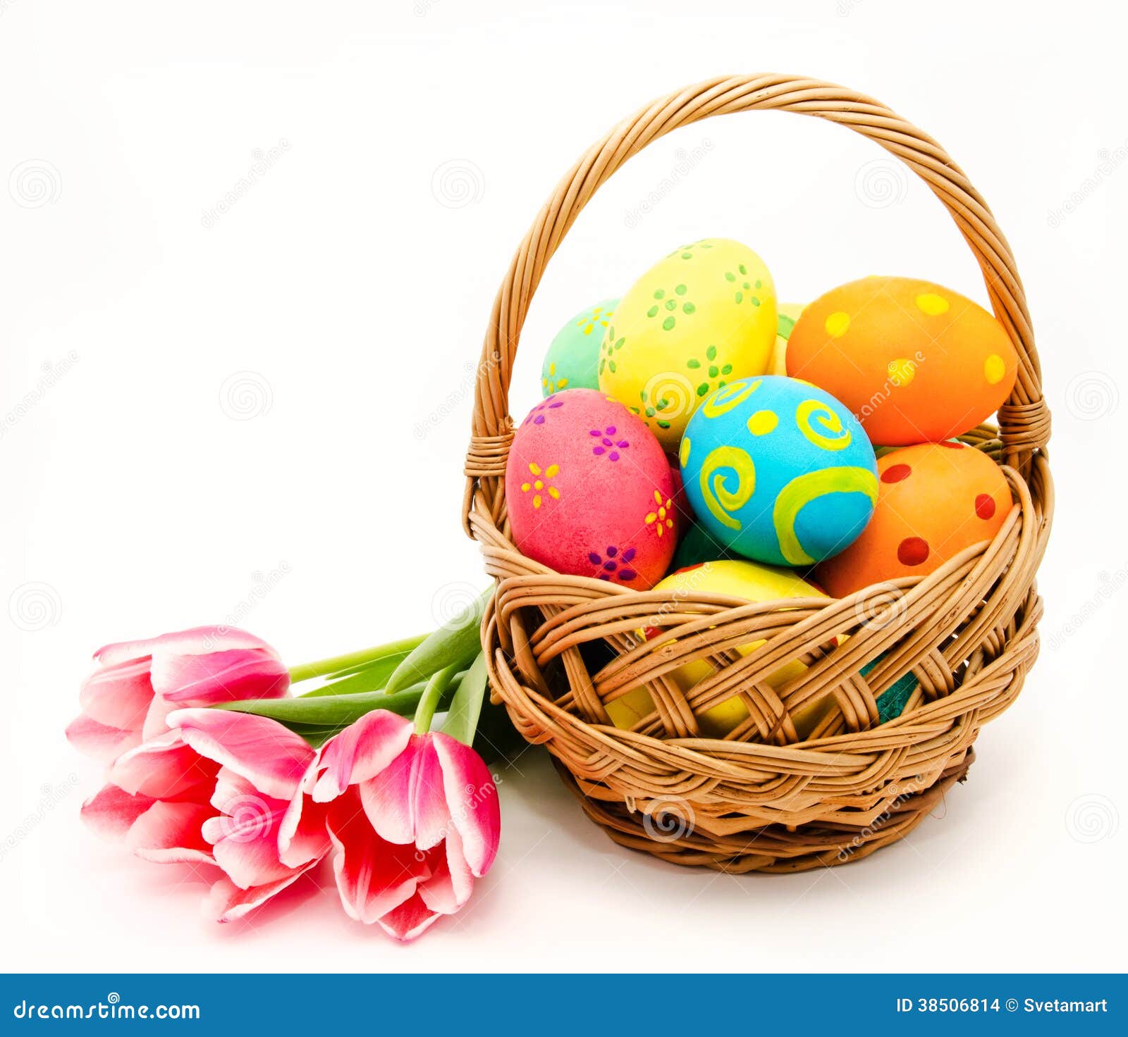 Colorful Easter Eggs in Basket Stock Photo - Image of green, decorate ...