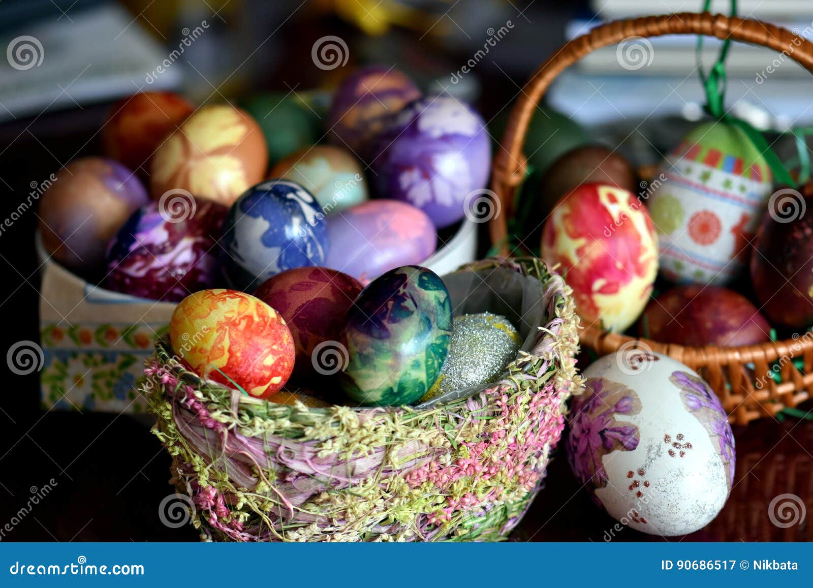 Colorful Easter Eggs in Baskets Stock Image - Image of basket, easter ...
