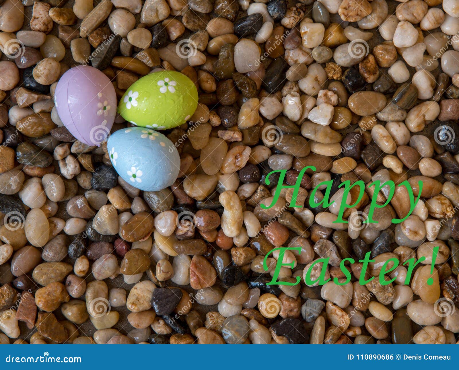 Colorful Easter Eggs on Bed of Beach Pebbles with Happy Easter Greeting ...