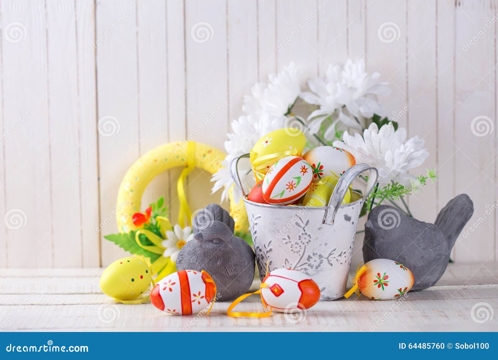 Colorful Easter Eggs and Decorative Birds on White Wooden Backg Stock ...