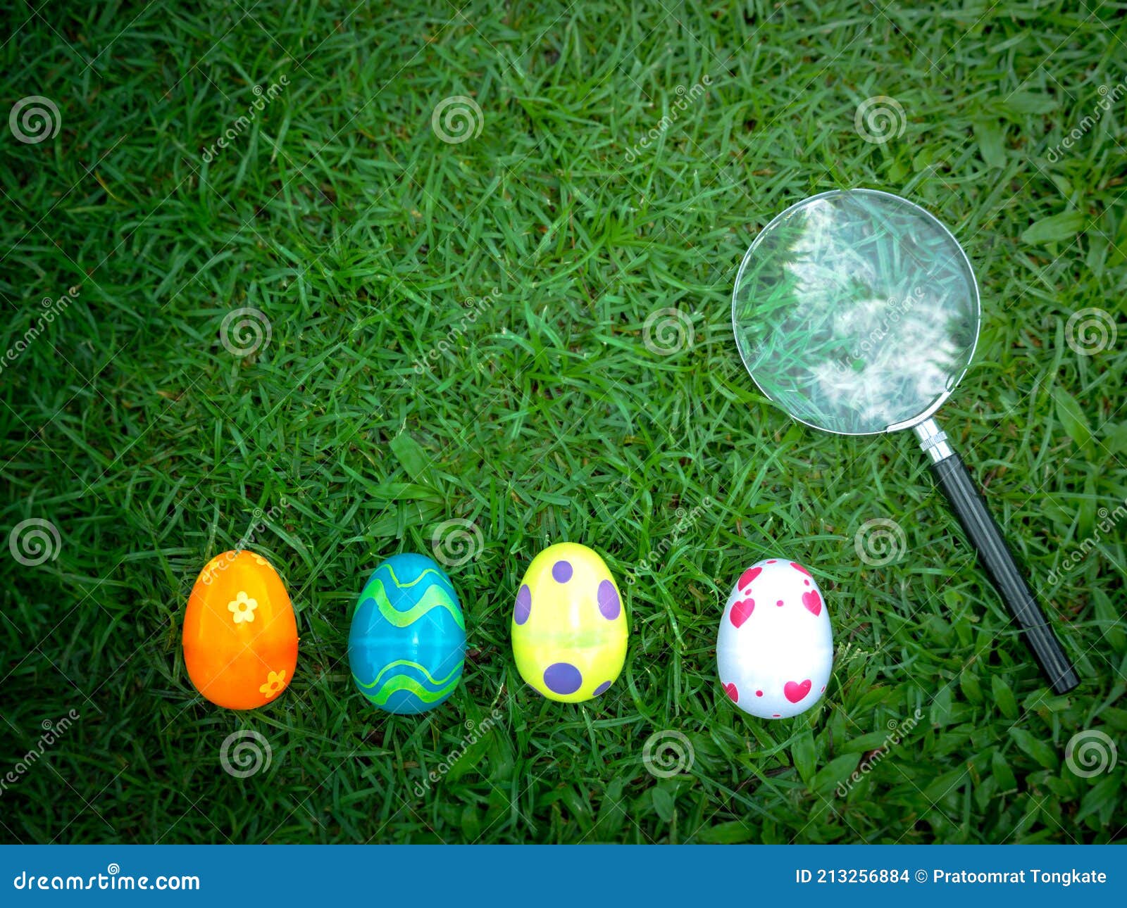Colorful Easter Eggs on Green Grass with Magnifying Glass, Easter Egg ...