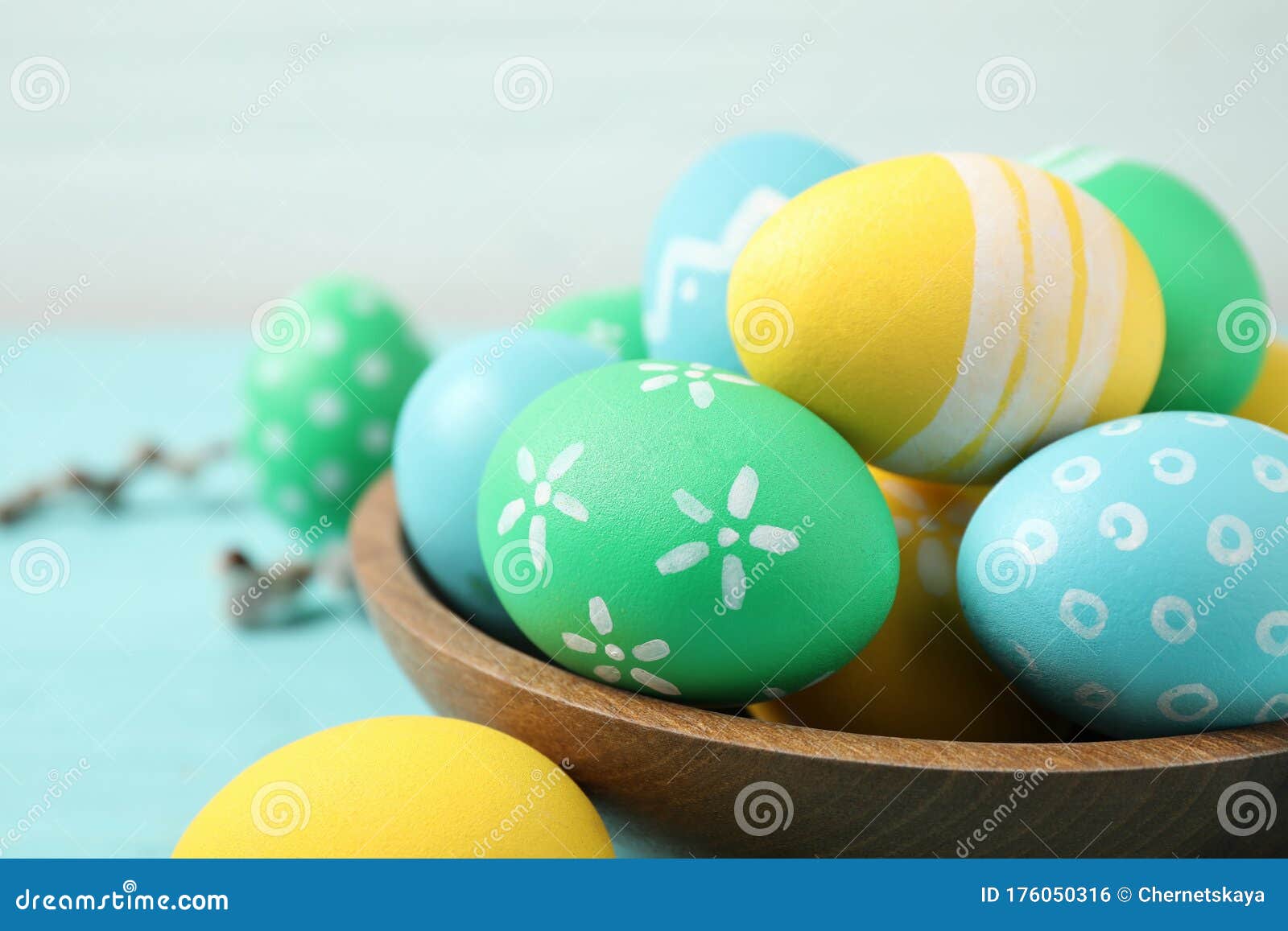 Colorful Easter Eggs on Light Blue Table Stock Photo - Image of ...