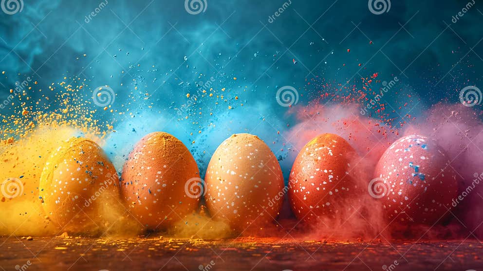 Colorful Easter Eggs in Multi-colored Powder on Blue Background. Stock ...