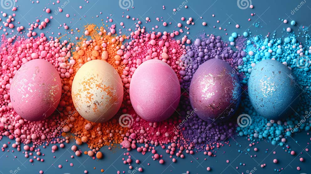 Colorful Easter Eggs in Multi-colored Powder on Blue Background. Stock ...