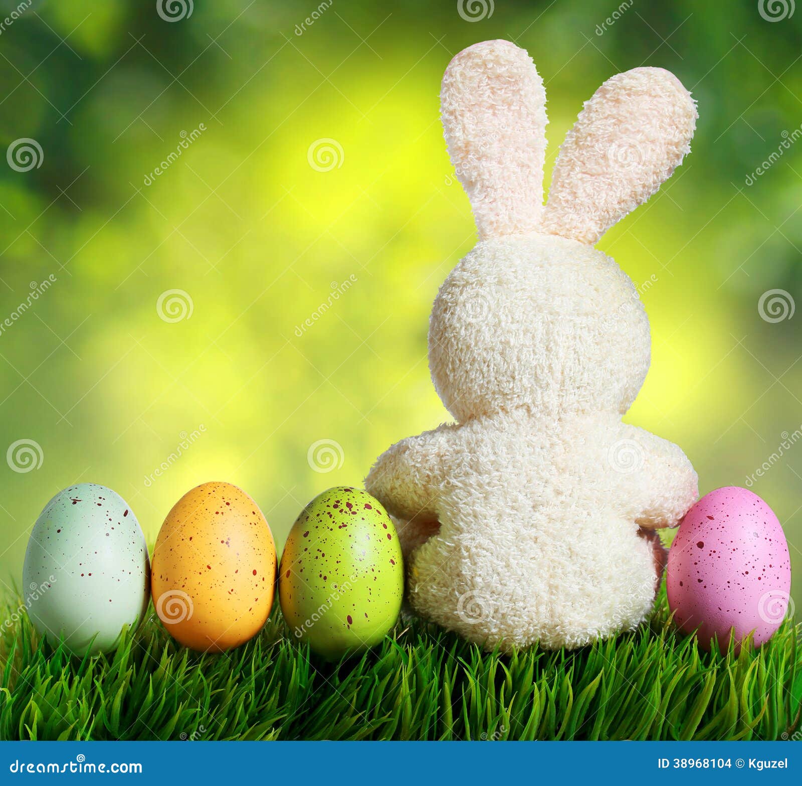 Colorful Easter Eggs and Rabbit on Green Grass Stock Photo - Image of ...