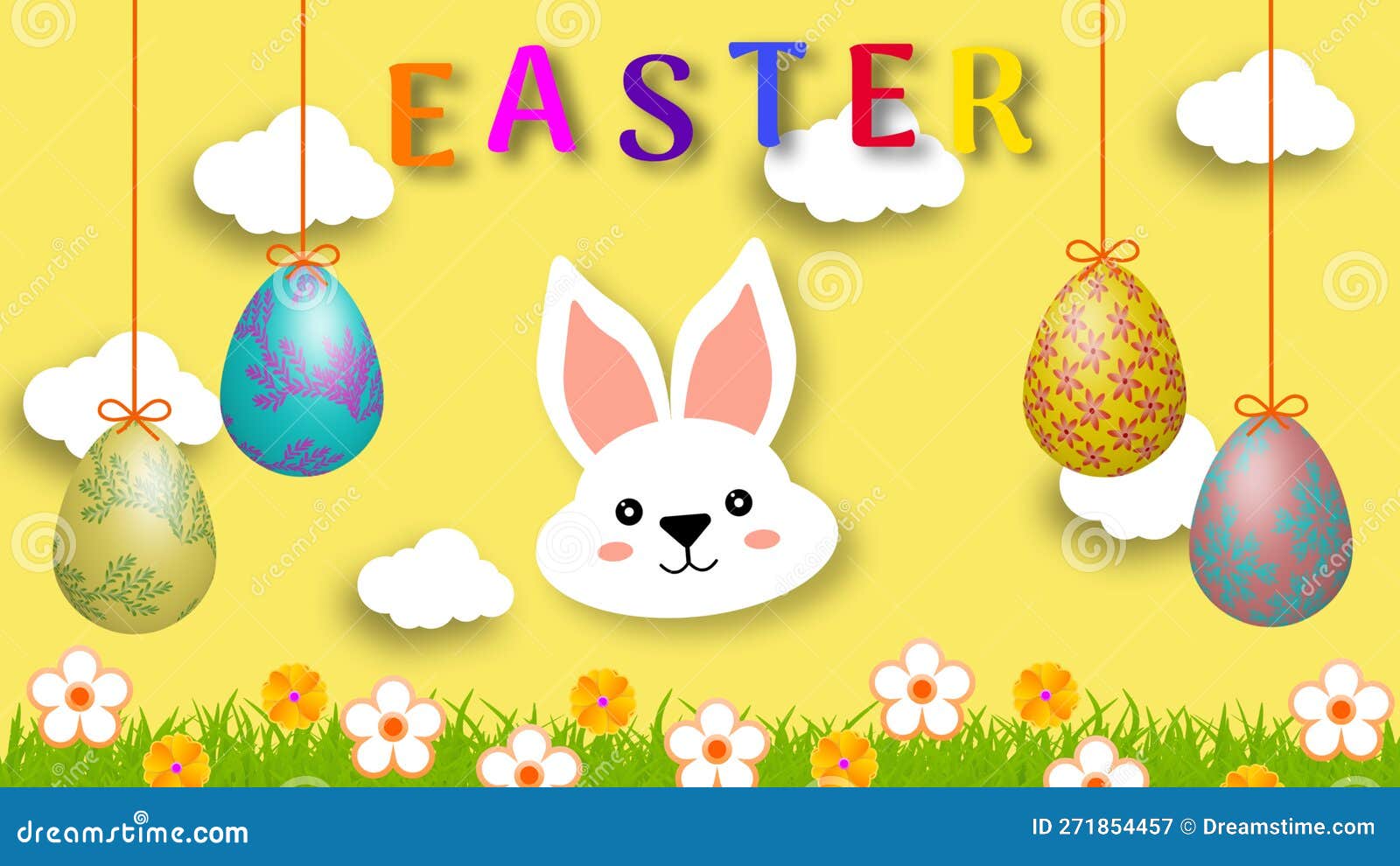 Colorful Easter Text on Clouds, Hanging Eggs and Grass Land Stock ...