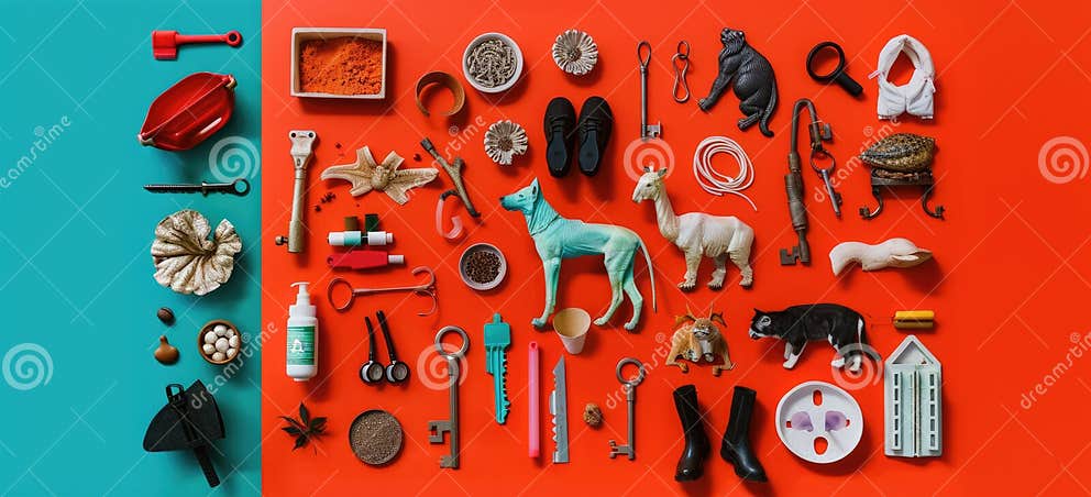 A Colorful and Eclectic Collection of Objects are Arranged on a Blue ...