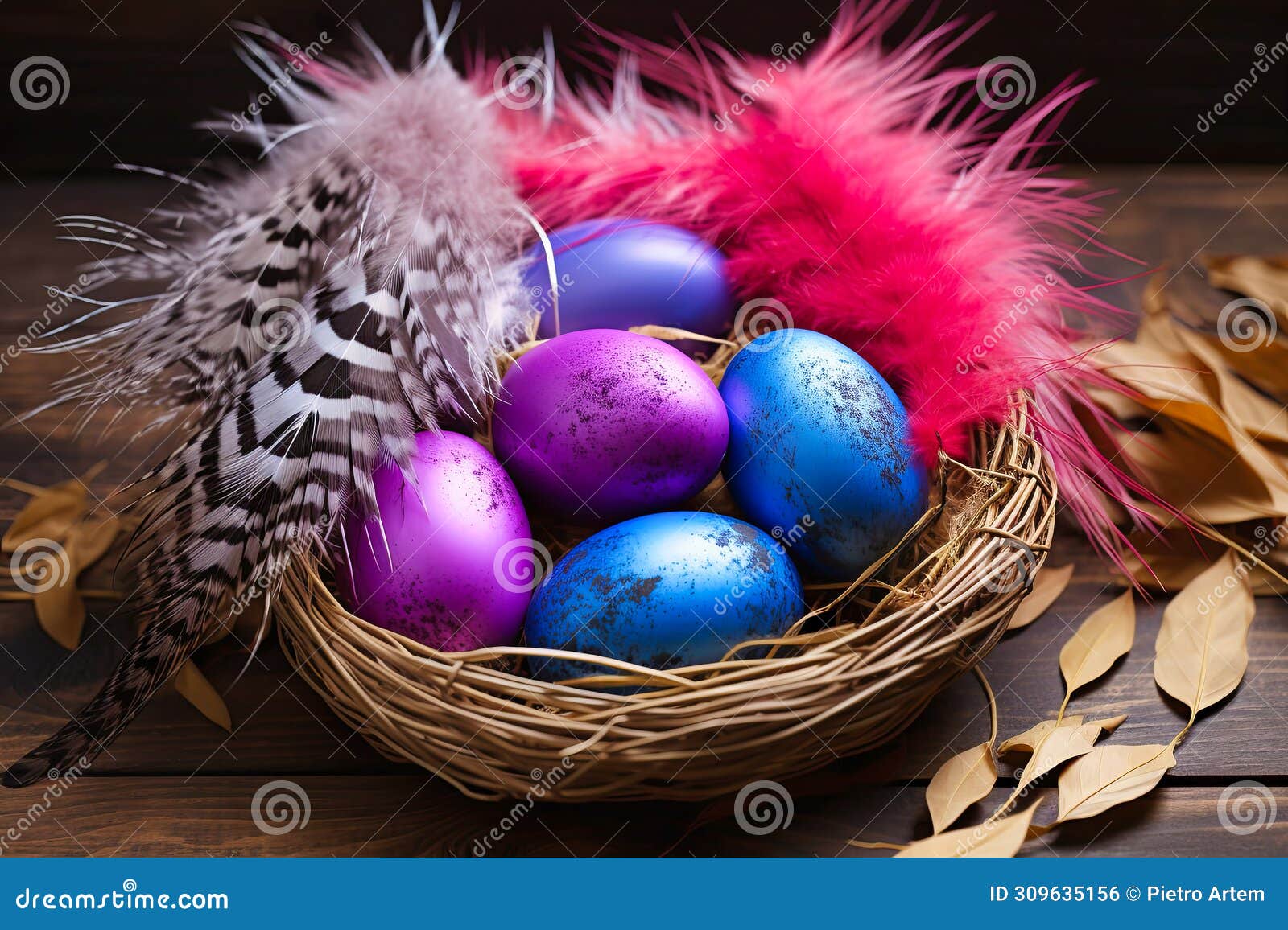 Colorful Eggs and Feathers in Birds Nest Stock Photo - Image of soft ...