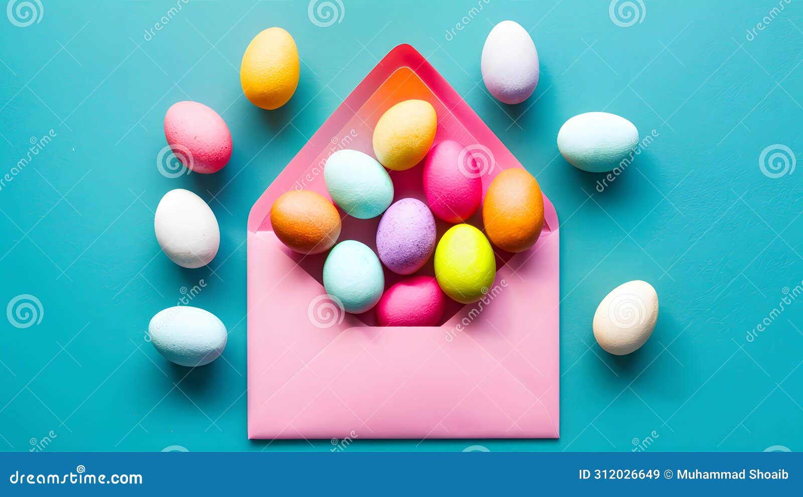 Colorful Eggs in Pink Envelope Top View of Easter Concept Stock ...