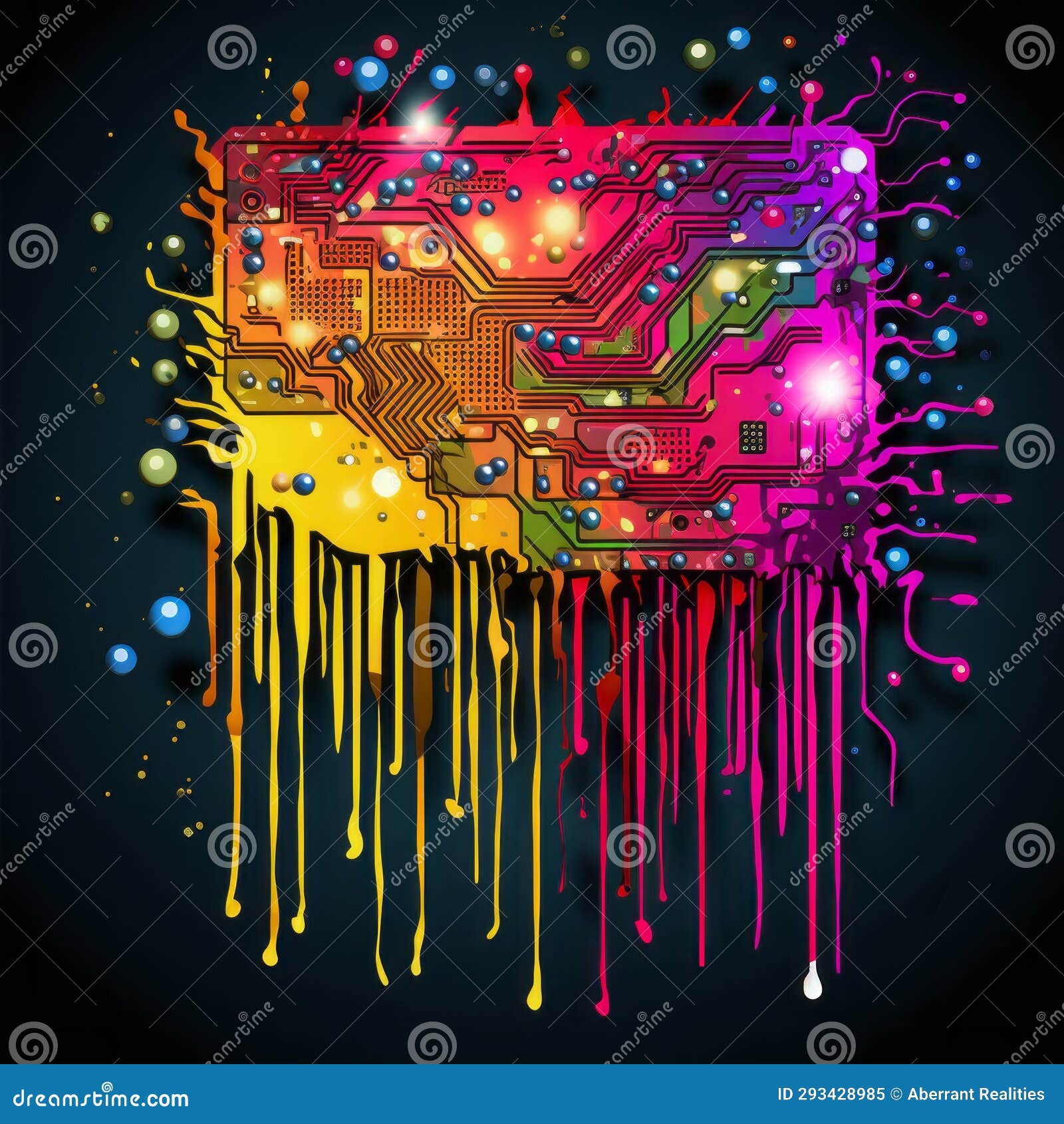 Colorful Electronic Circuit Board with Paint Dripping on it Stock ...