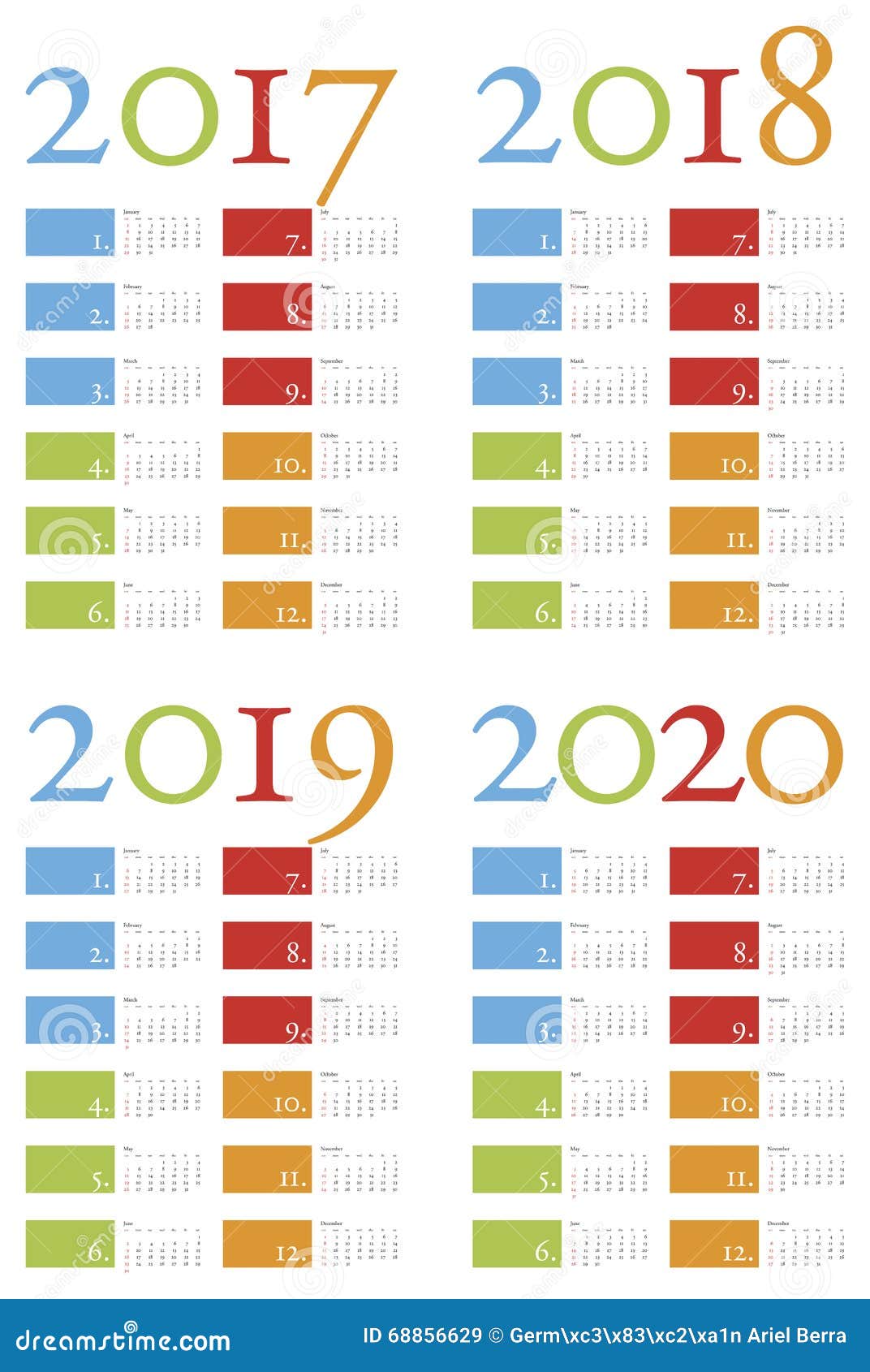 Colorful and Elegant Calendar for Years 2017, 2018, 2019 and 2020 Stock ...