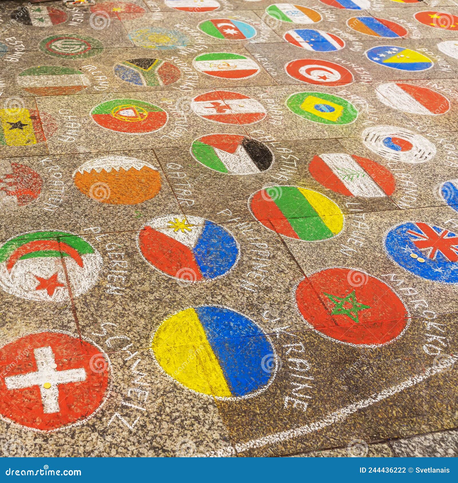 Colorful Emblems, Flags of Different Countries Painted on Pavement with ...