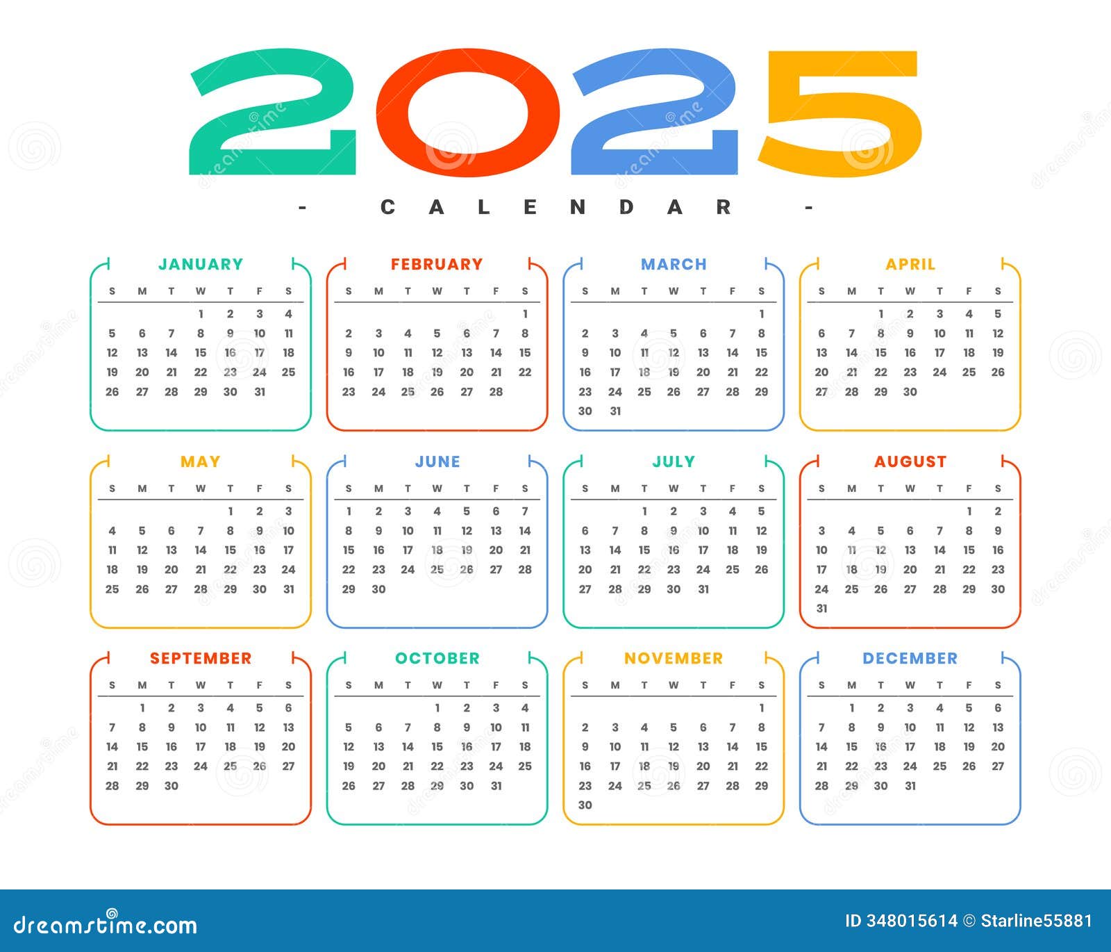 Colorful 2025 English Calendar Template a Printable Design Stock ...