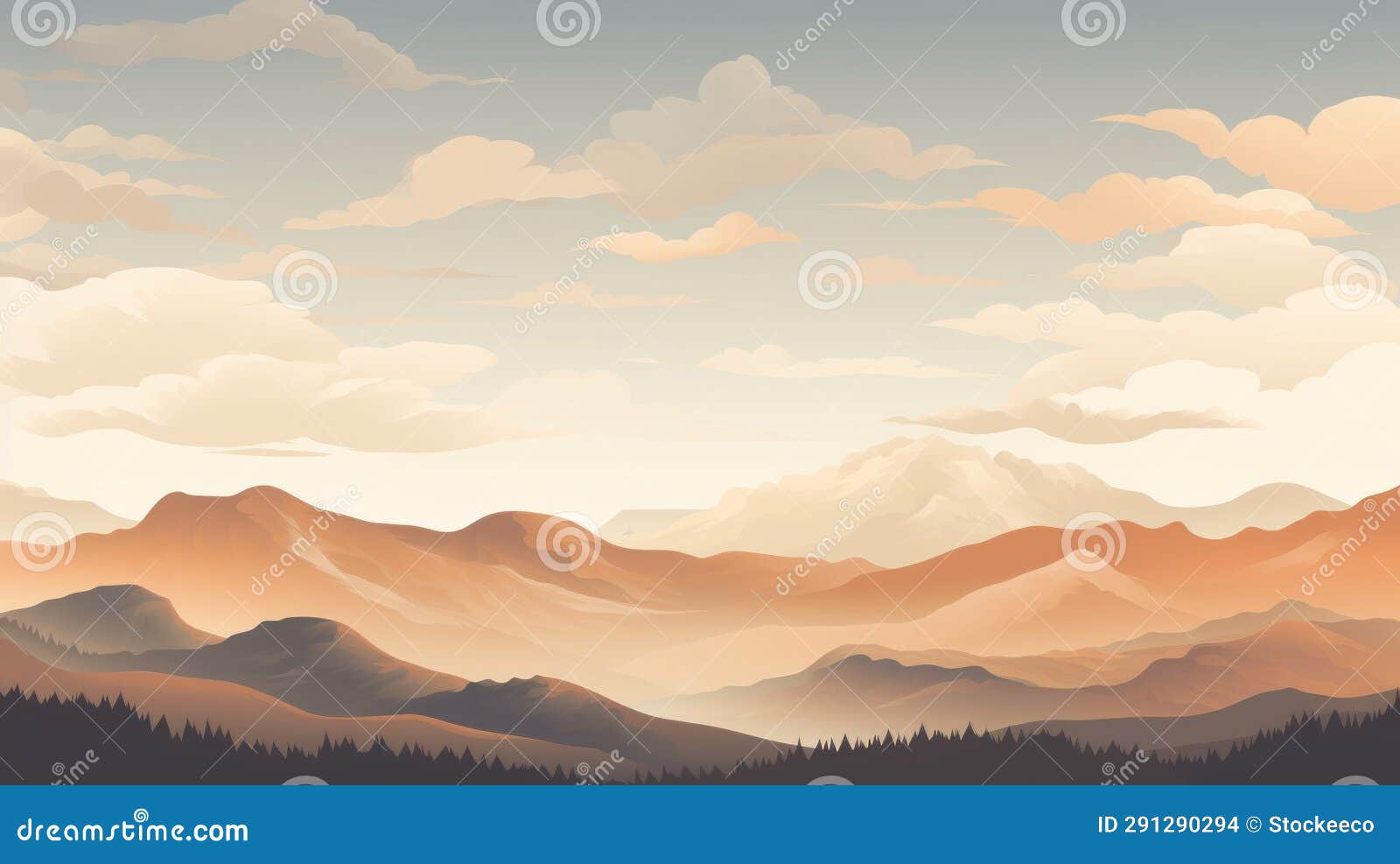 Colorful Equatorial Landscape Illustration with Mountains and Trees ...