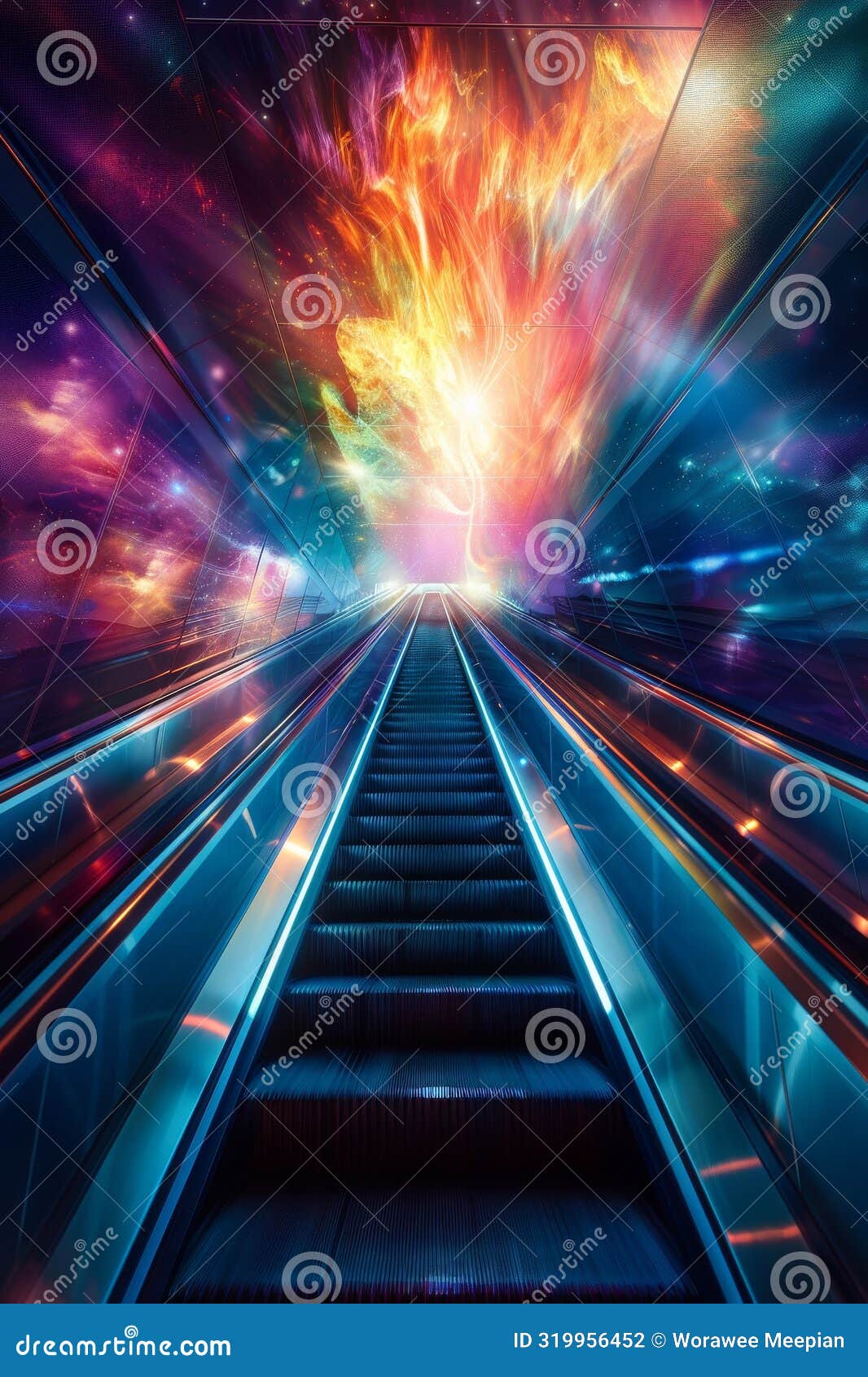 A Colorful Escalator with Bright Lights and a Rainbow Effect Stock ...