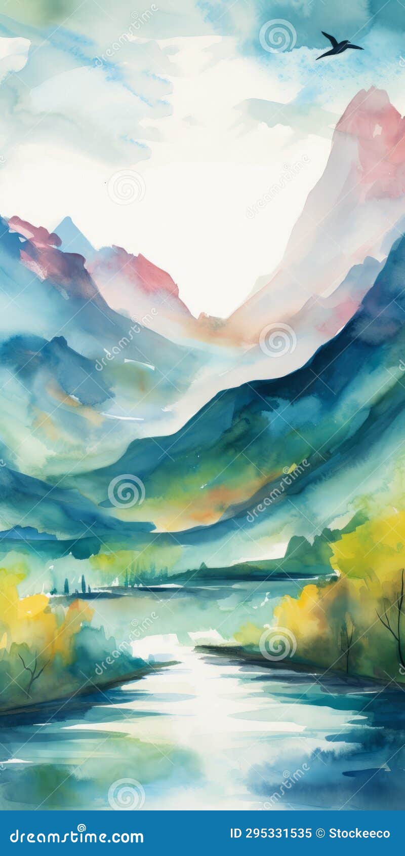 Colorful Expressionism Watercolor Painting of a Mountain River Stock ...