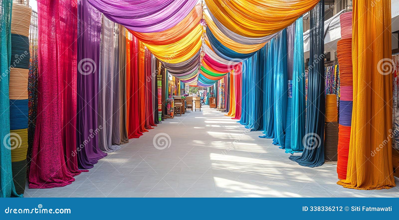 Colorful Fabric Curtains Hanging Over Pathway Stock Photo - Image of ...