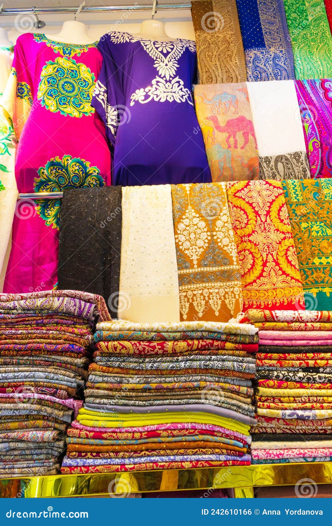 Colorful Fabrics on Display at Dubai Old Souk Shop UAE Stock Photo ...